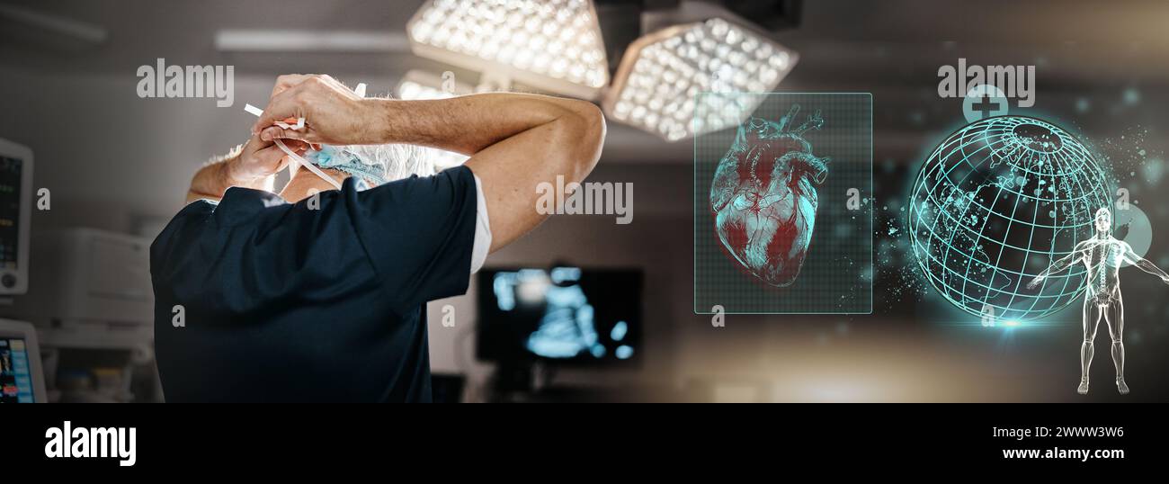 Cardiology, hologram and surgeon with uniform for surgery, procedure or ...