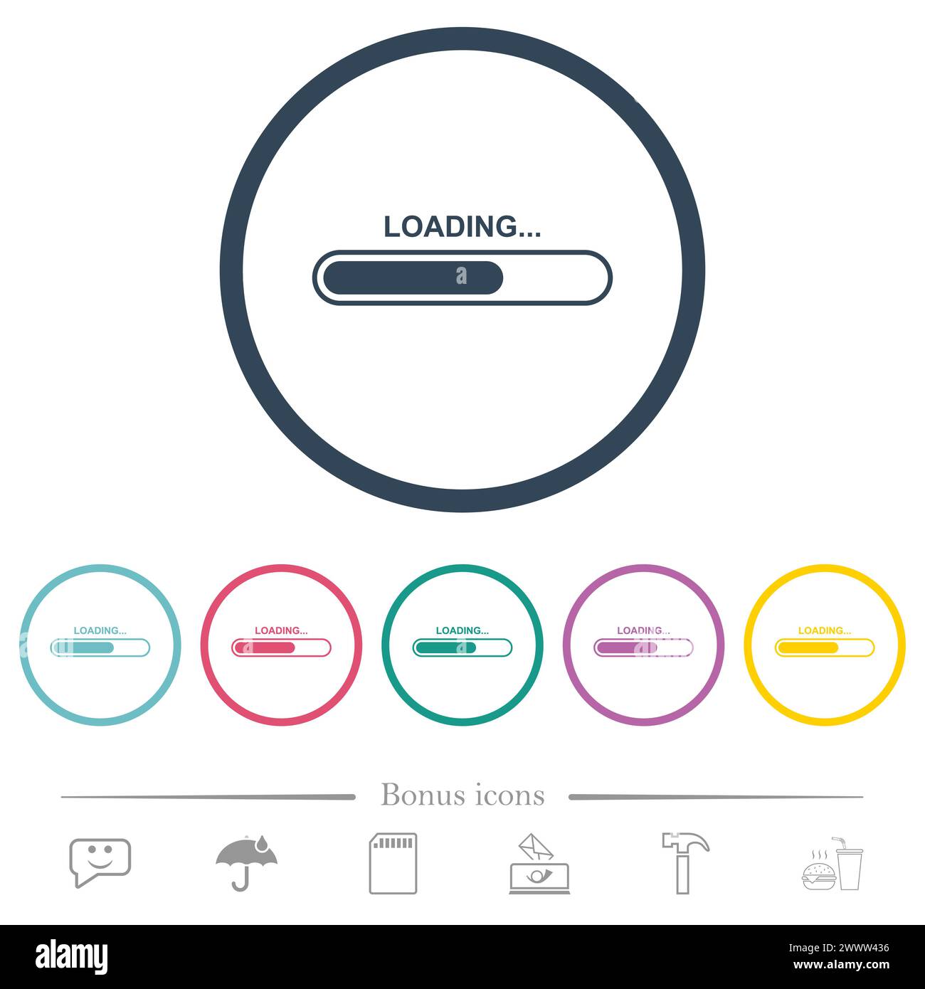 Loading progress bar flat color icons in round outlines. 6 bonus icons ...
