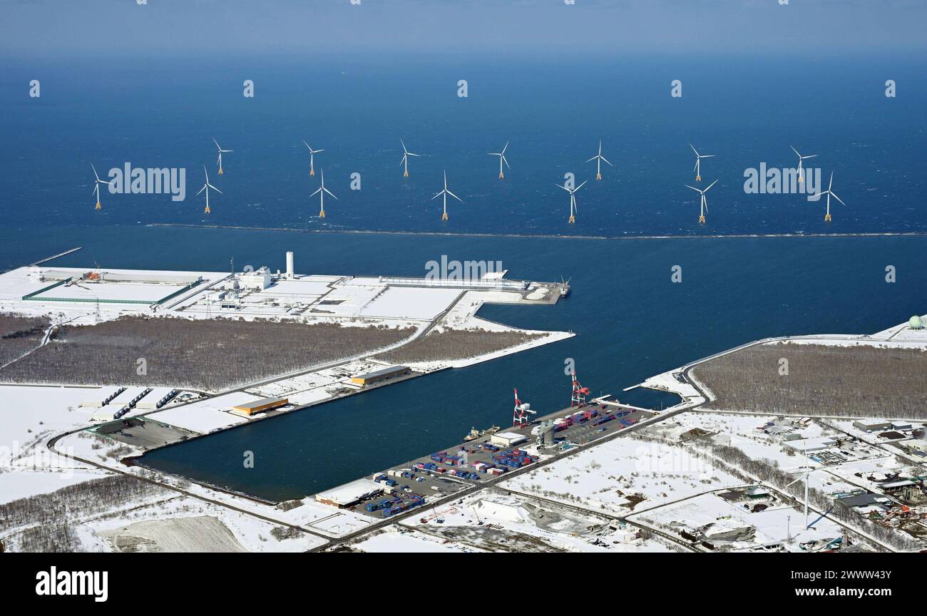 An aerial photo shows Ishikari Bay New Port Offshore Wind Farm, the ...