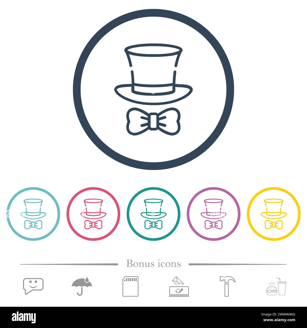 Top Hat And Bow Tie Outline Flat Color Icons In Round Outlines 6 Bonus Icons Included Stock