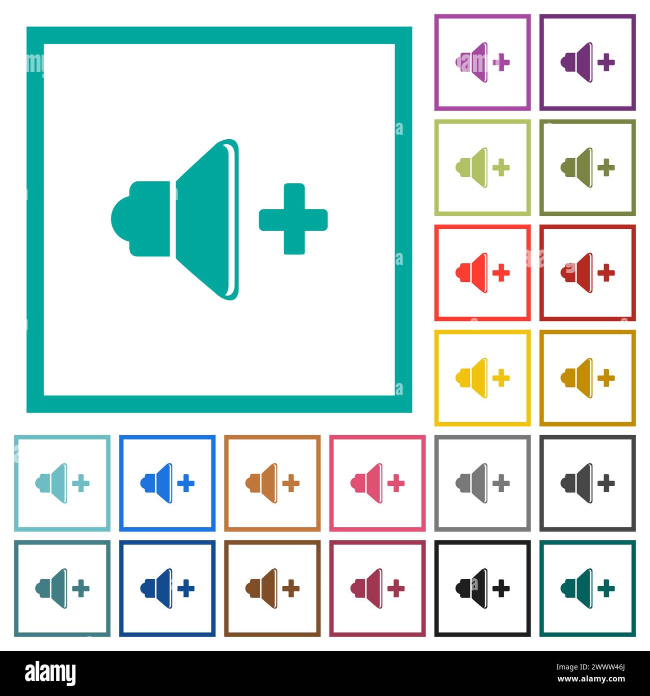Volume up flat color icons with quadrant frames on white background ...