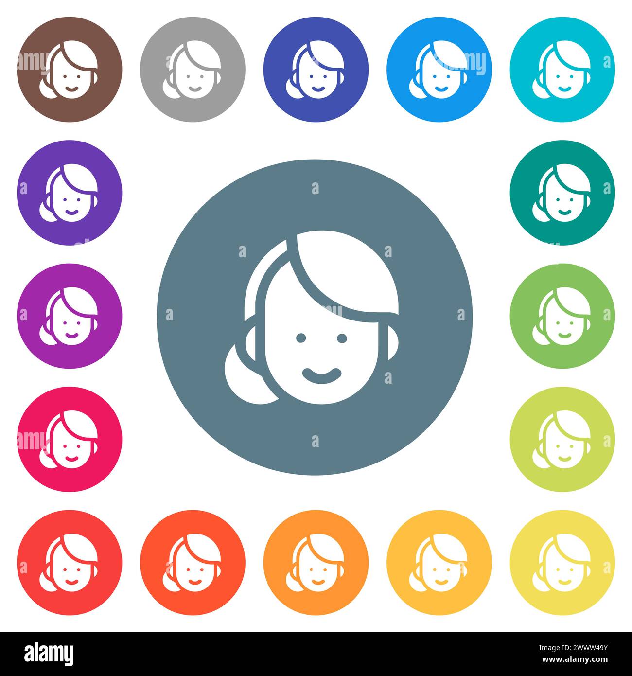 Girl avatar solid flat white icons on round color backgrounds. 17 ...