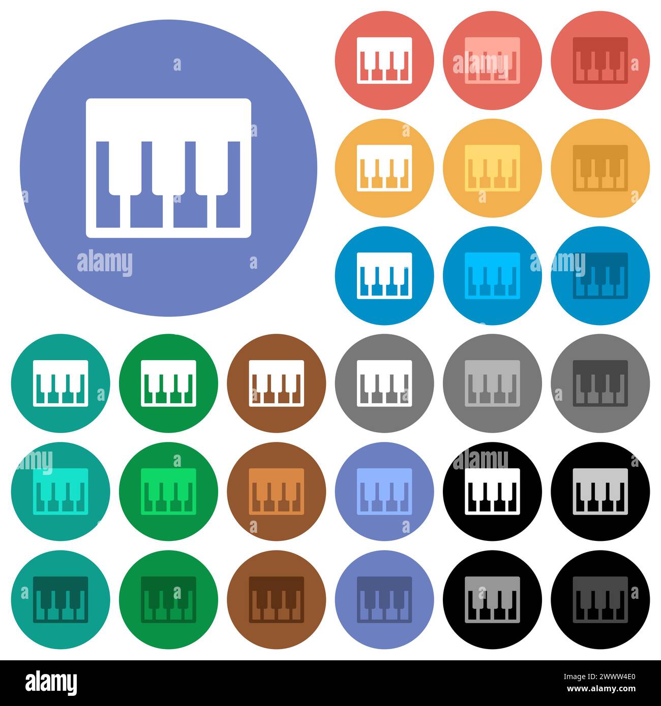 Piano keyboard solid multi colored flat icons on round backgrounds ...