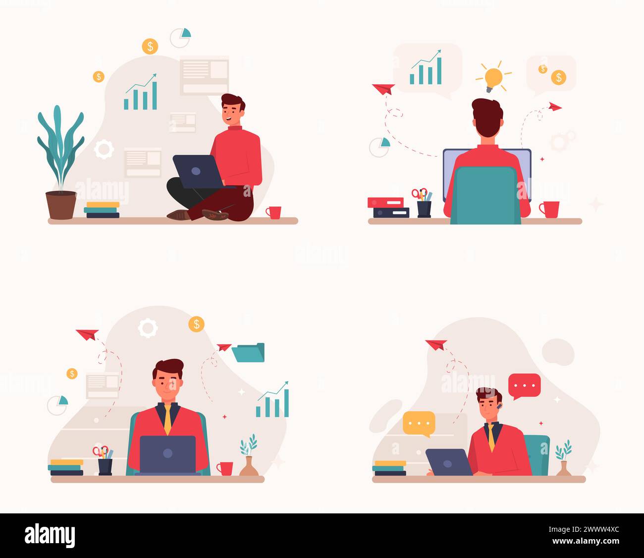 Work From Home Set Vector Illustration, Online Meeting Set Concept Flat ...