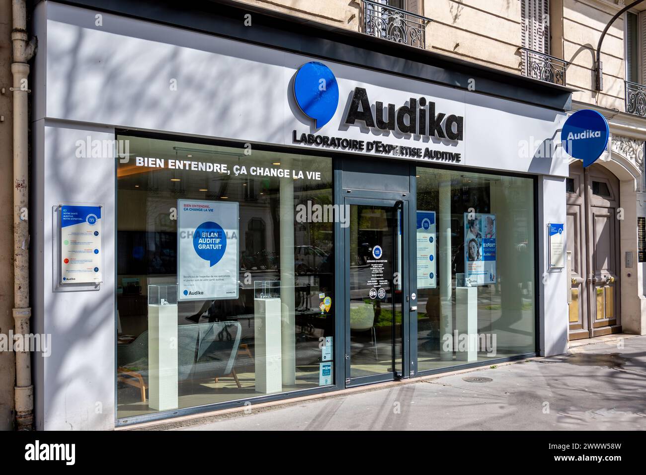 Exterior view of an Audika store. Audika Groupe is a French company ...