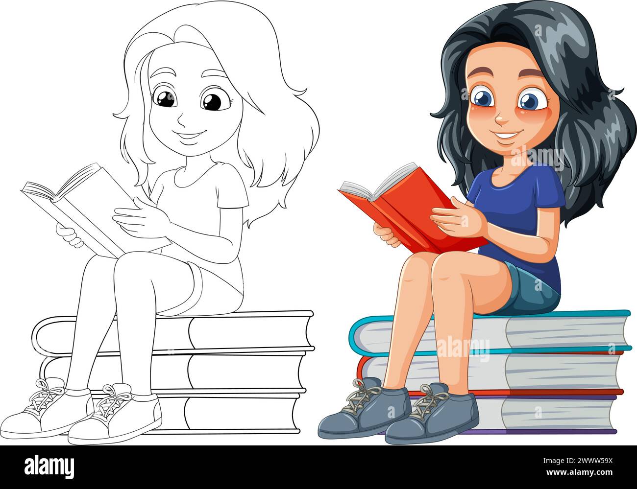 Colorful and outlined illustrations of girl reading Stock Vector Image ...