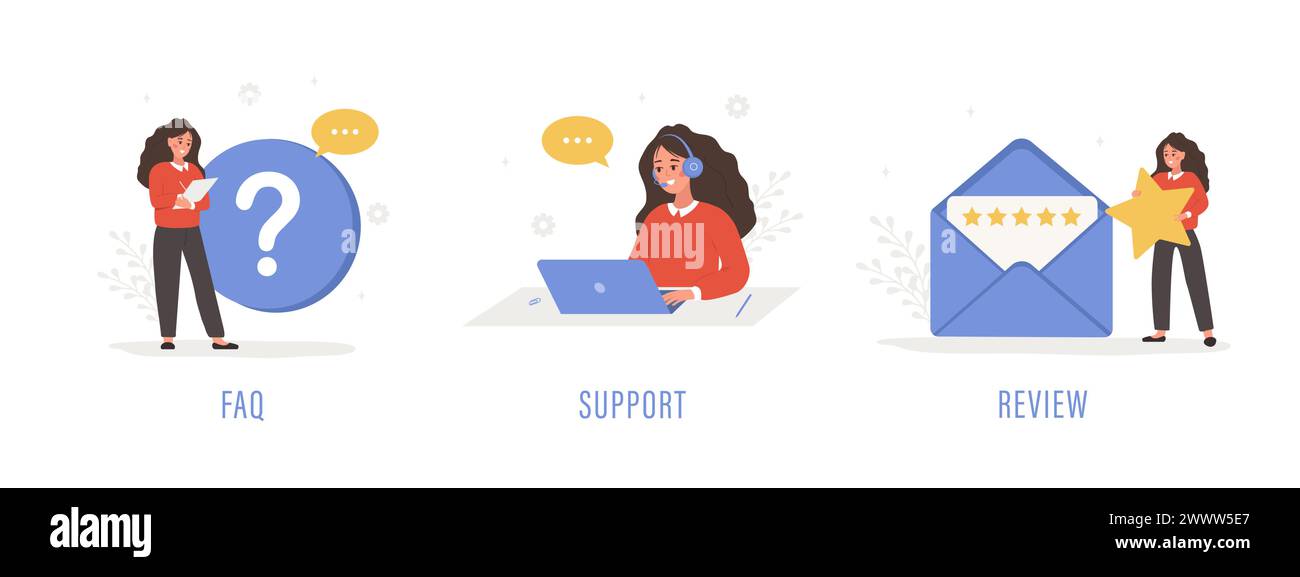 Customer support. Female characters ask questions, get answers, and ...