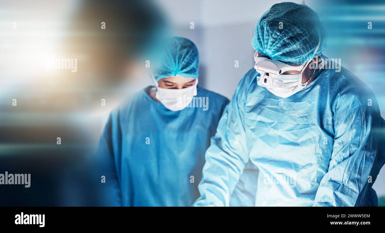 Medical, surgery and doctors in busy operating room, theatre or icu for ...