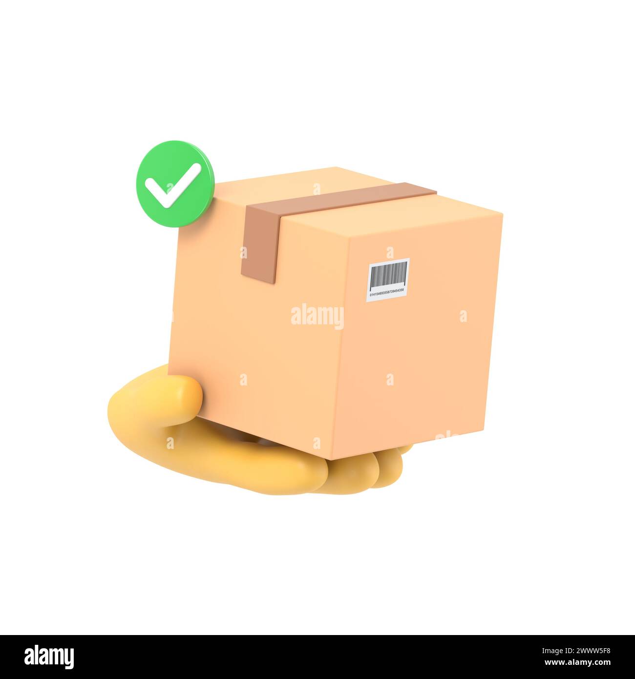 3D Hand holding parcel with check mark. Delivery of order in cardboard ...