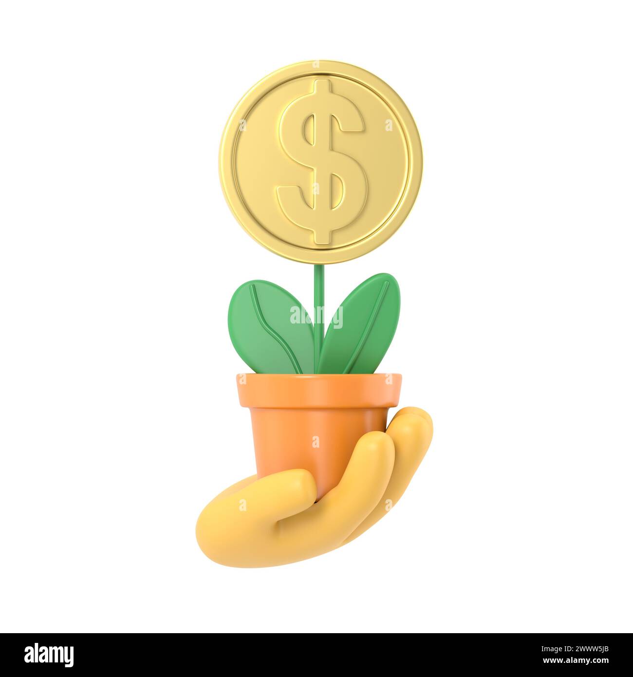 3d pot of plant with gold coin flower in hand on white background ...