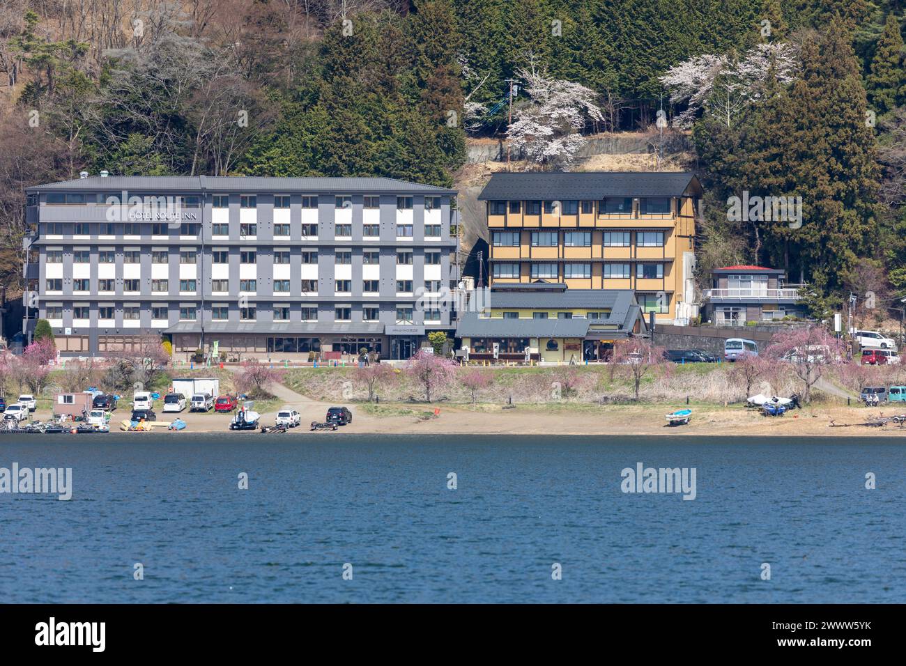 Japan,Hotel Route Inn accommodation on the shores of Lake Kawaguchiko ...