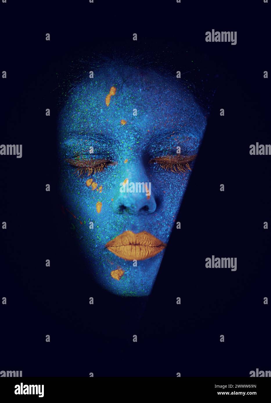 Face, neon and psychedelic paint for creative, art and glitter with ...