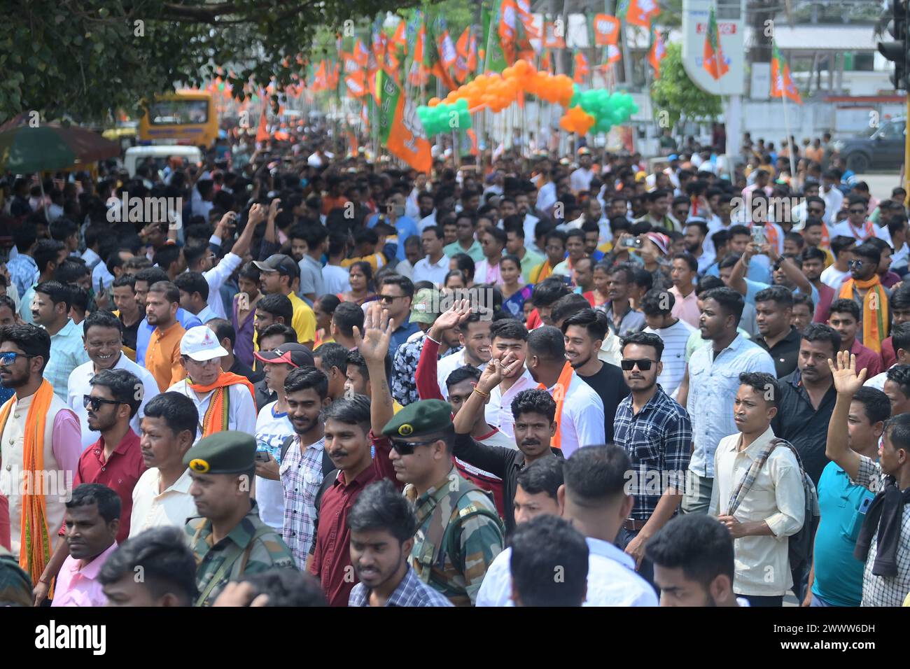 BJP supporters seen in a rally with Tripura Chief Minister Manik Saha ...