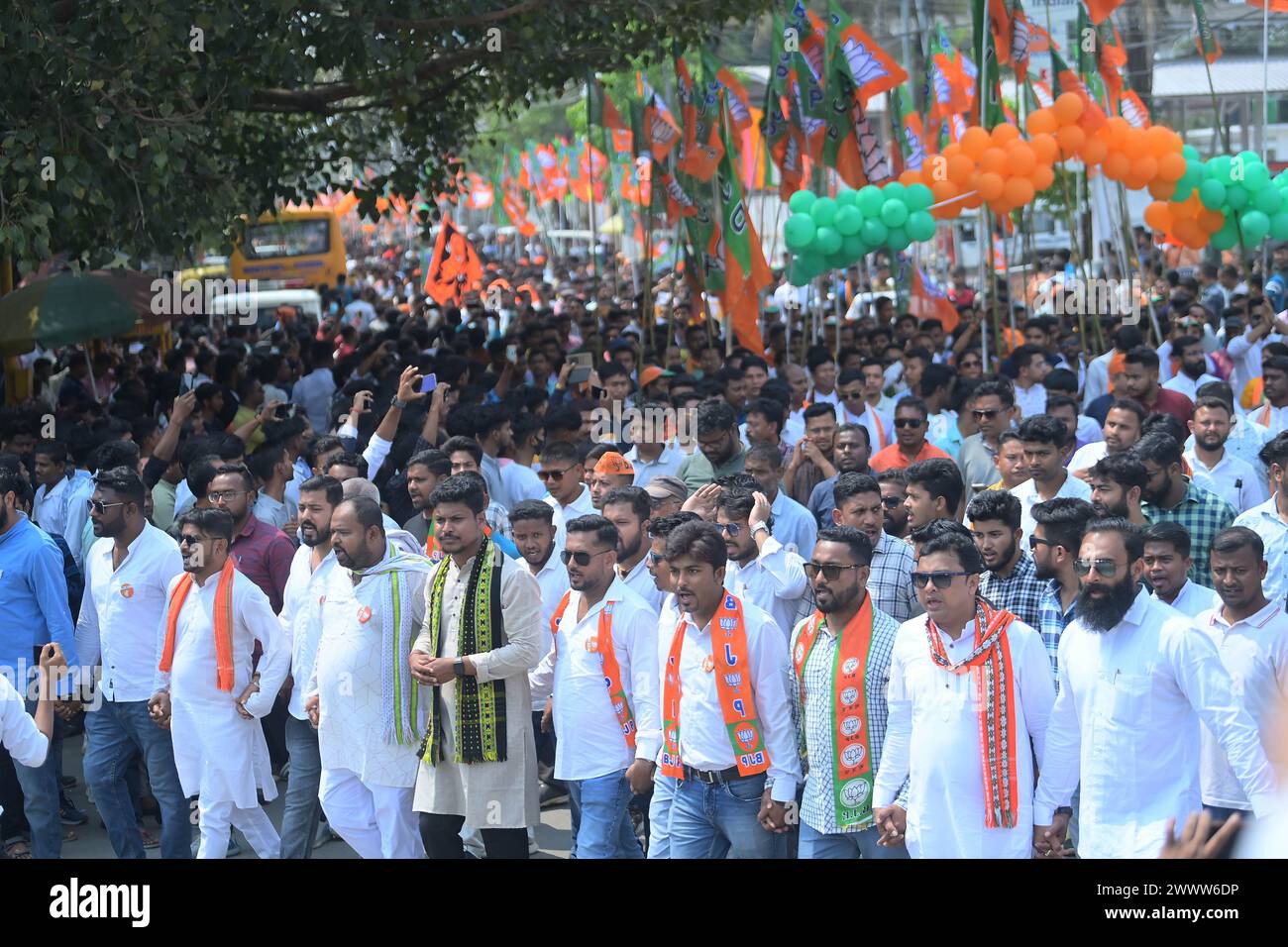 BJP supporters seen in a rally with Tripura Chief Minister Manik Saha ...