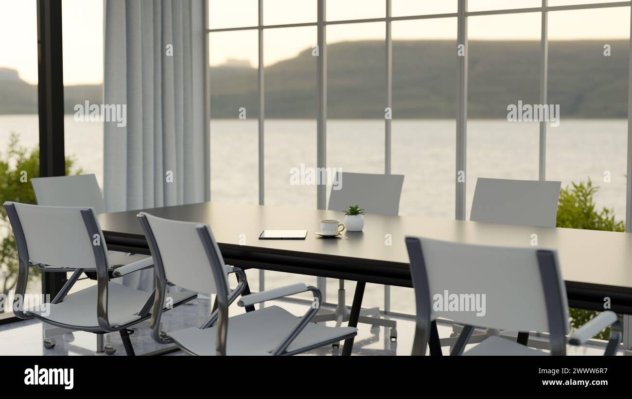 The interior design of a contemporary spacious meeting room with a ...