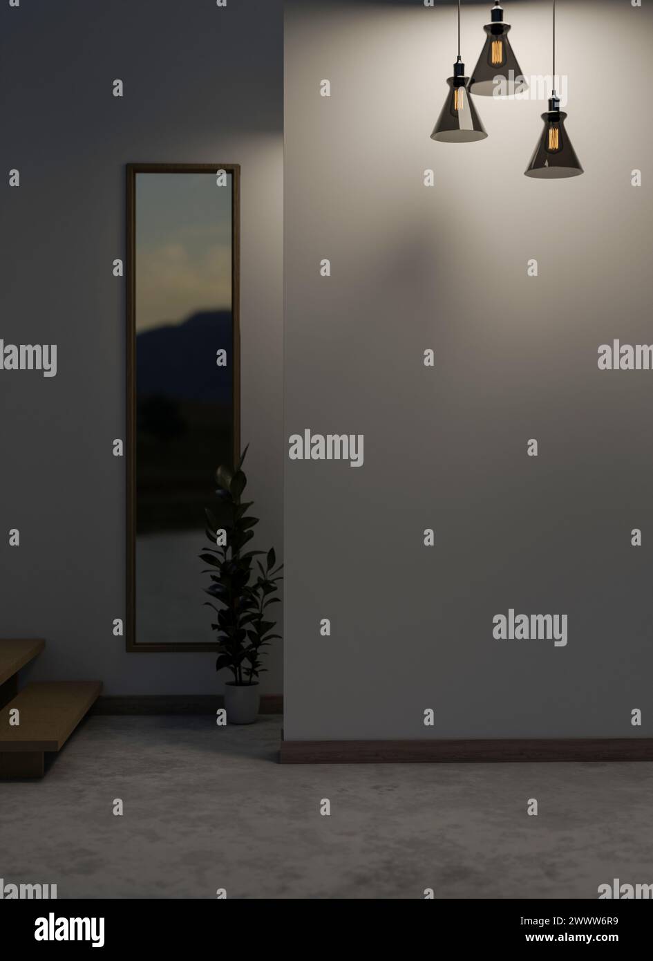 The interior design of a contemporary home corridor at night with dim ...