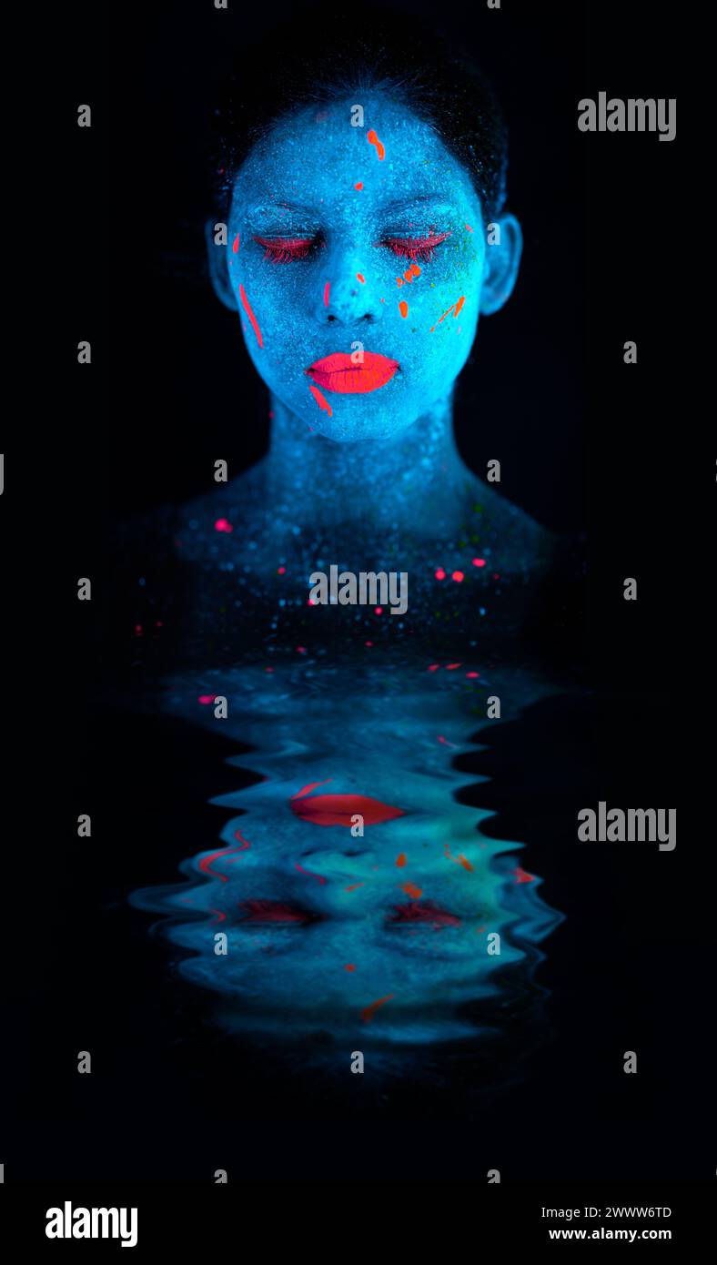 Face, neon and psychedelic reflection for creative, art and glitter ...