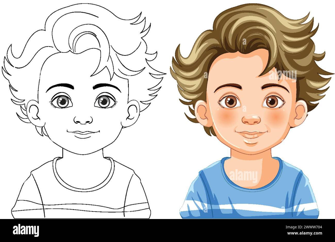 Vector illustration of a boy's face, before and after coloring Stock ...