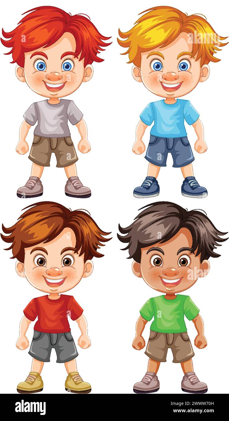 Four cheerful cartoon boys standing and smiling Stock Vector Image ...
