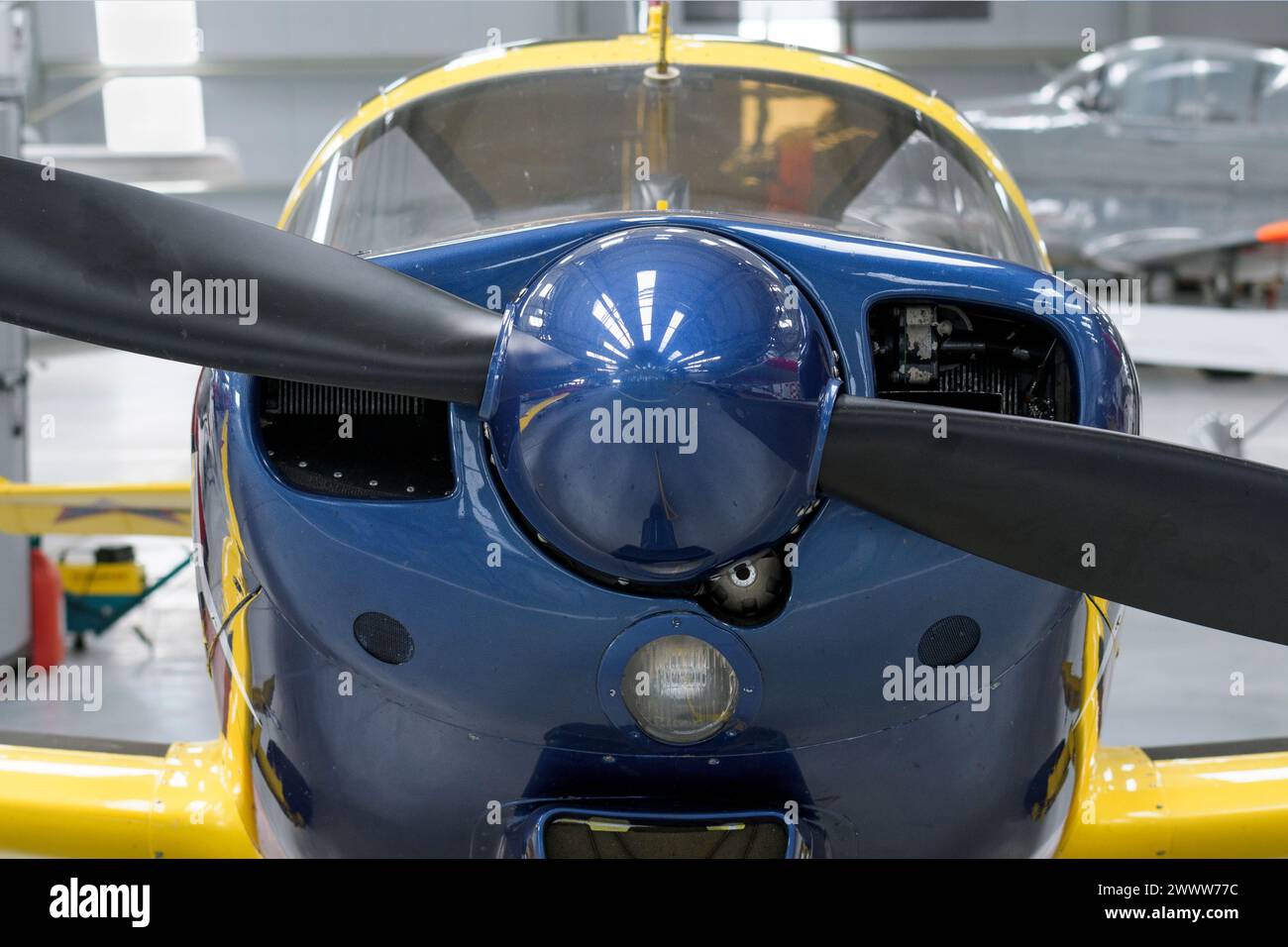 Propeller on light aircraft close-up, screws, texture, blue color ...