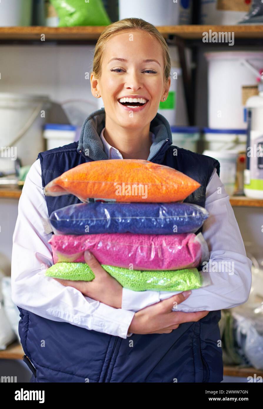 Woman, bag and plastic with resin, polymer and dye manufacturing and ...