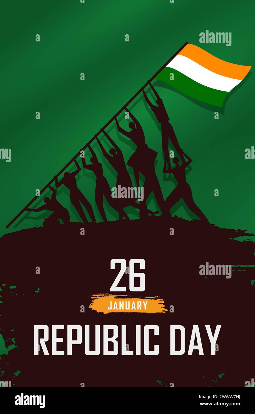 India Republic Day Poster with Silhouette People Raising Indian Flag ...