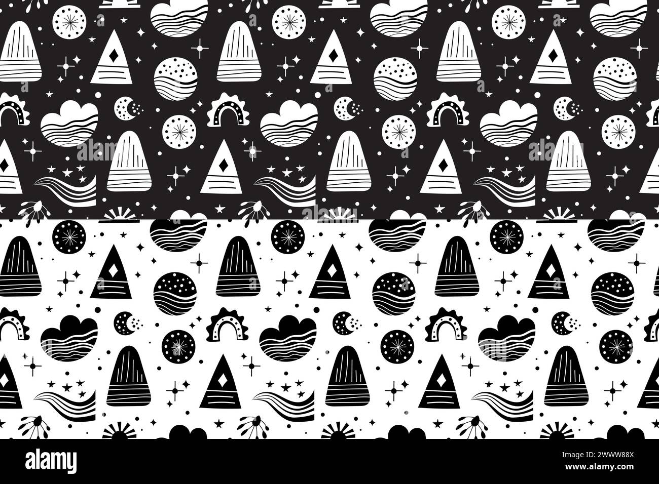 Seamless neo folk art vector pattern with mountains, moon and flowers ...