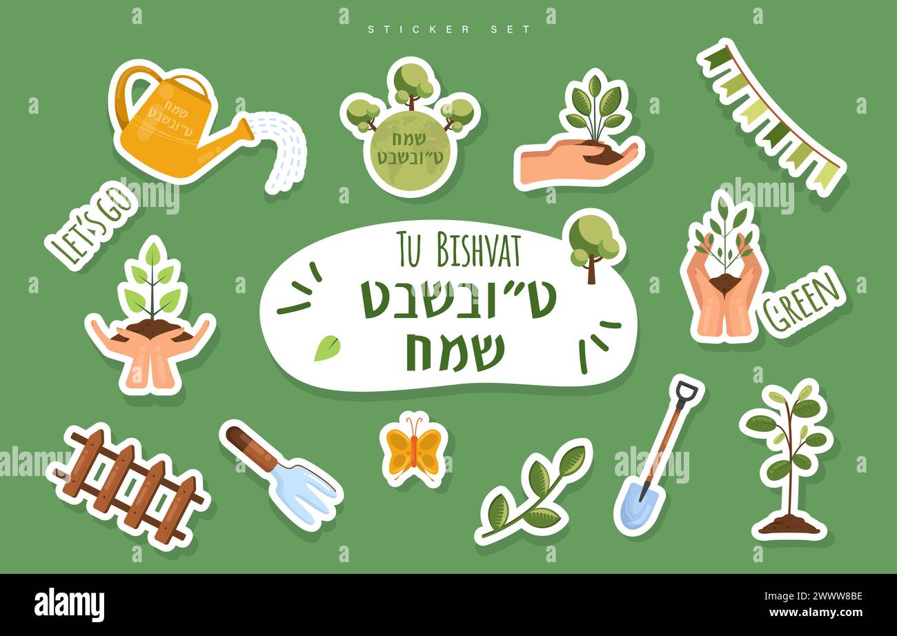 Tu Bishvat Greeting Stickers Vector Illustration. Cute Doodle of Jewish ...