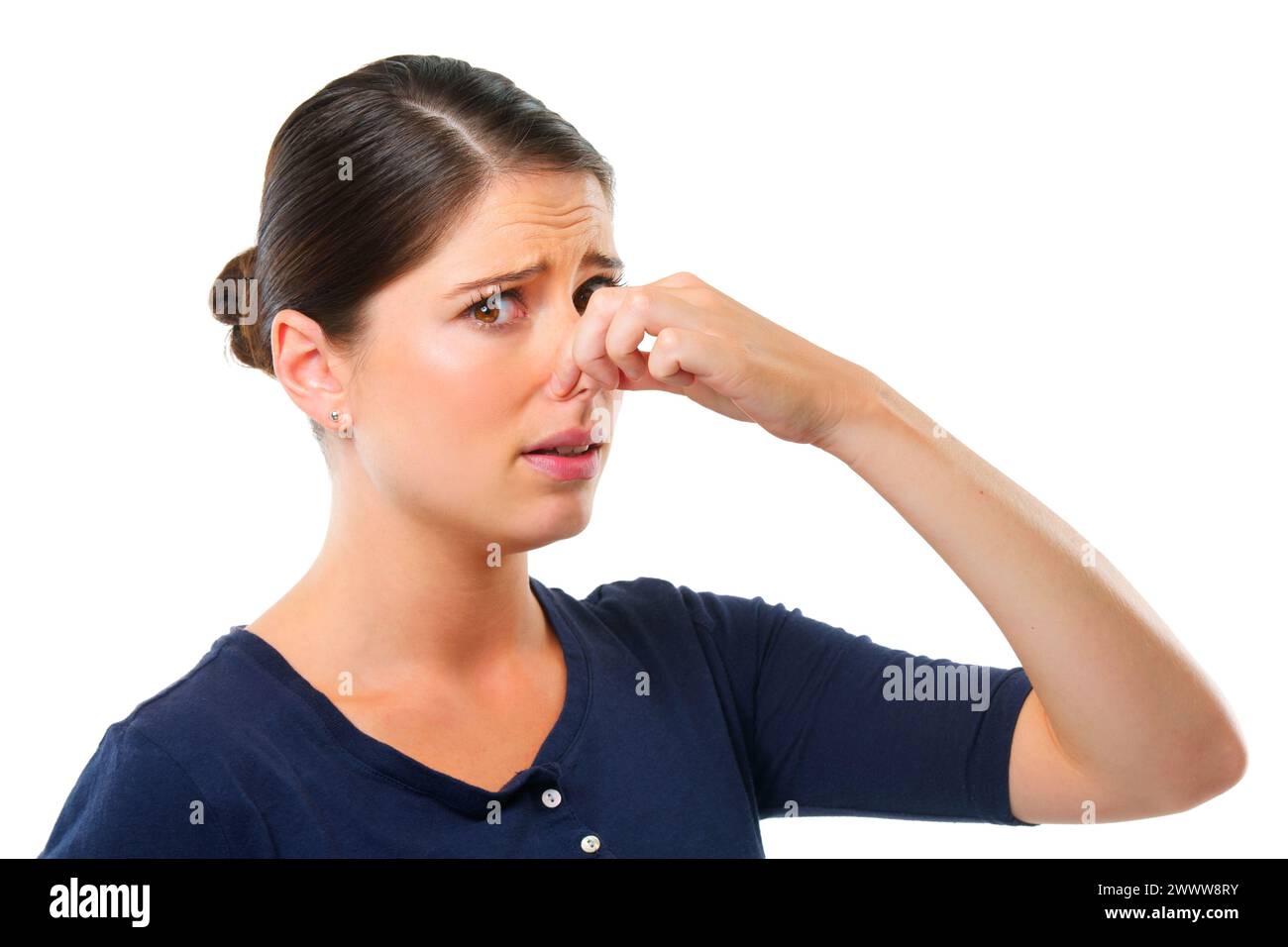 Gross. Smell, yuck and portrait for woman with disgust facial ...
