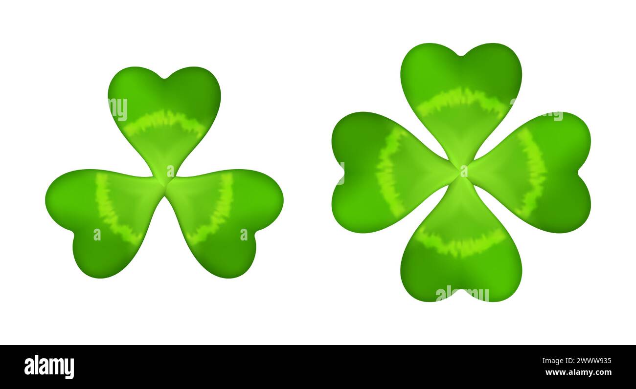 Realistic shamrock icon. Clover three leaves logo. Green floral sticker ...