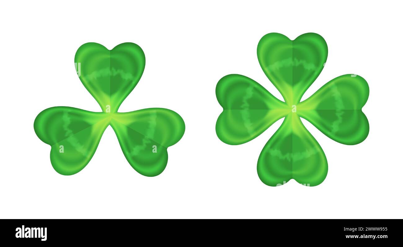 Realistic shamrock icon. Clover three leaves logo. Green floral sticker ...
