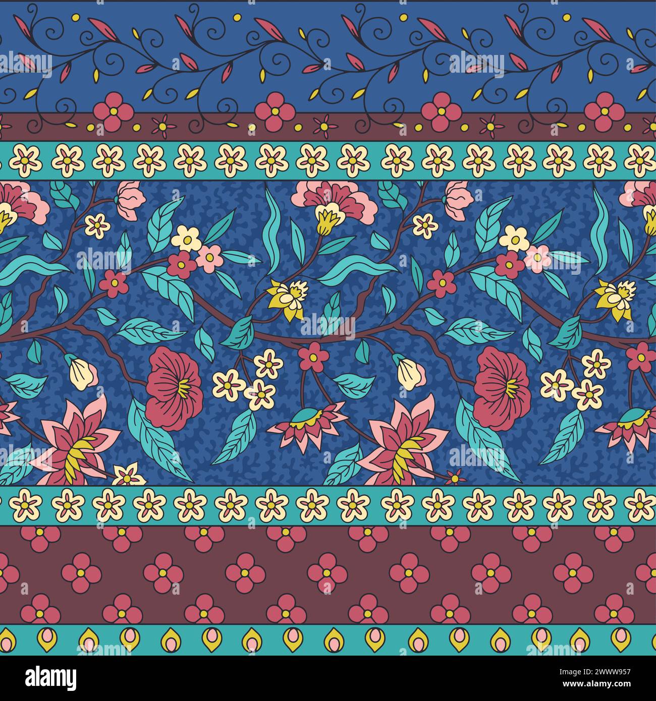 Floral seamless border pattern with indian trailing flowers motifs ...
