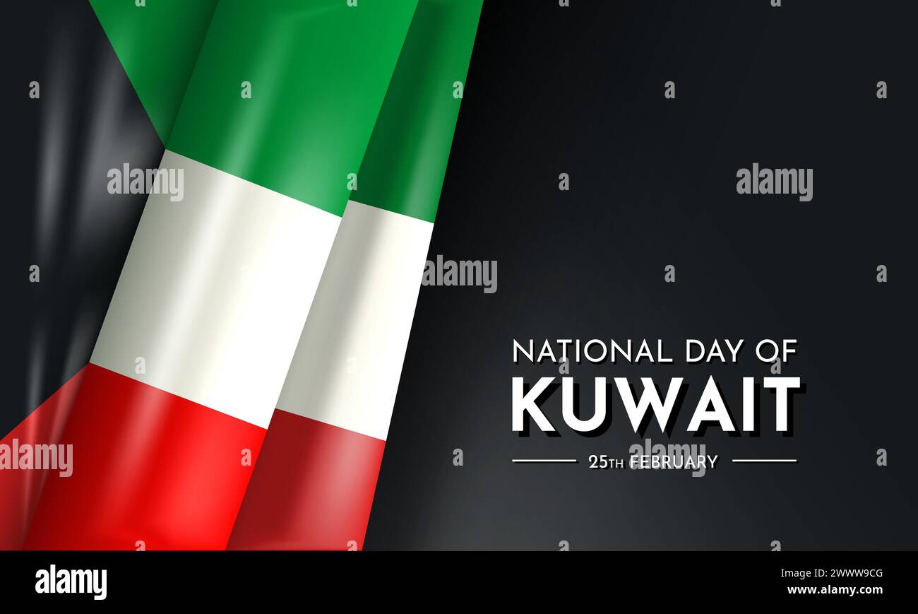 Kuwait National day with 3D ribbon flag. Bent waving 3D flag in colors ...