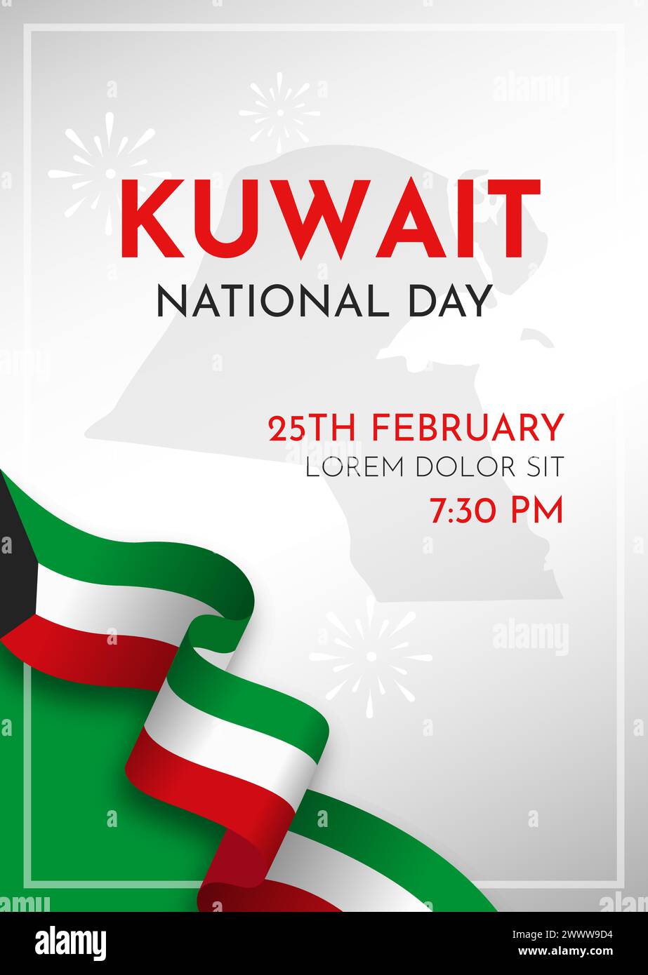 Kuwait National day with 3D ribbon flag. Bent waving 3D flag in colors ...