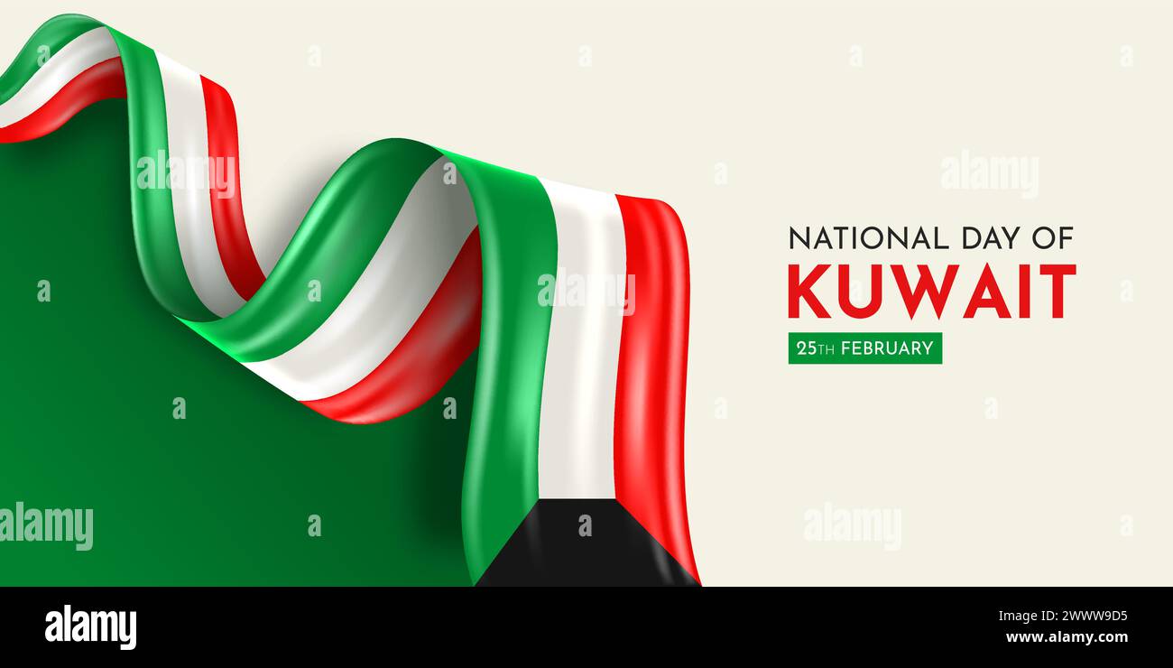 Kuwait National day with 3D ribbon flag. Bent waving 3D flag in colors ...