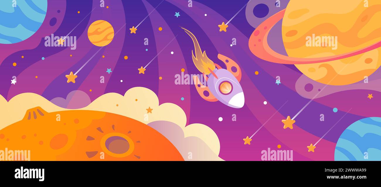 A rocket flying among planets and stars. Space landscape, shuttle, UFO ...