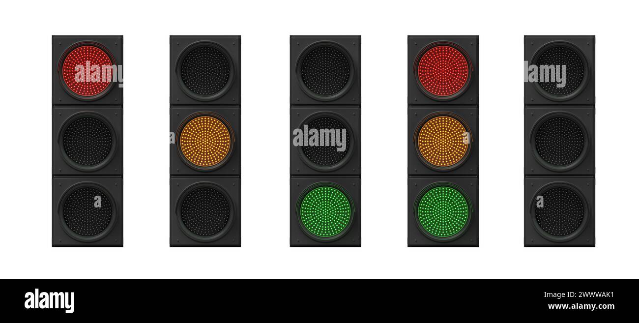 Five traffic light sequence on white background Stock Photo - Alamy