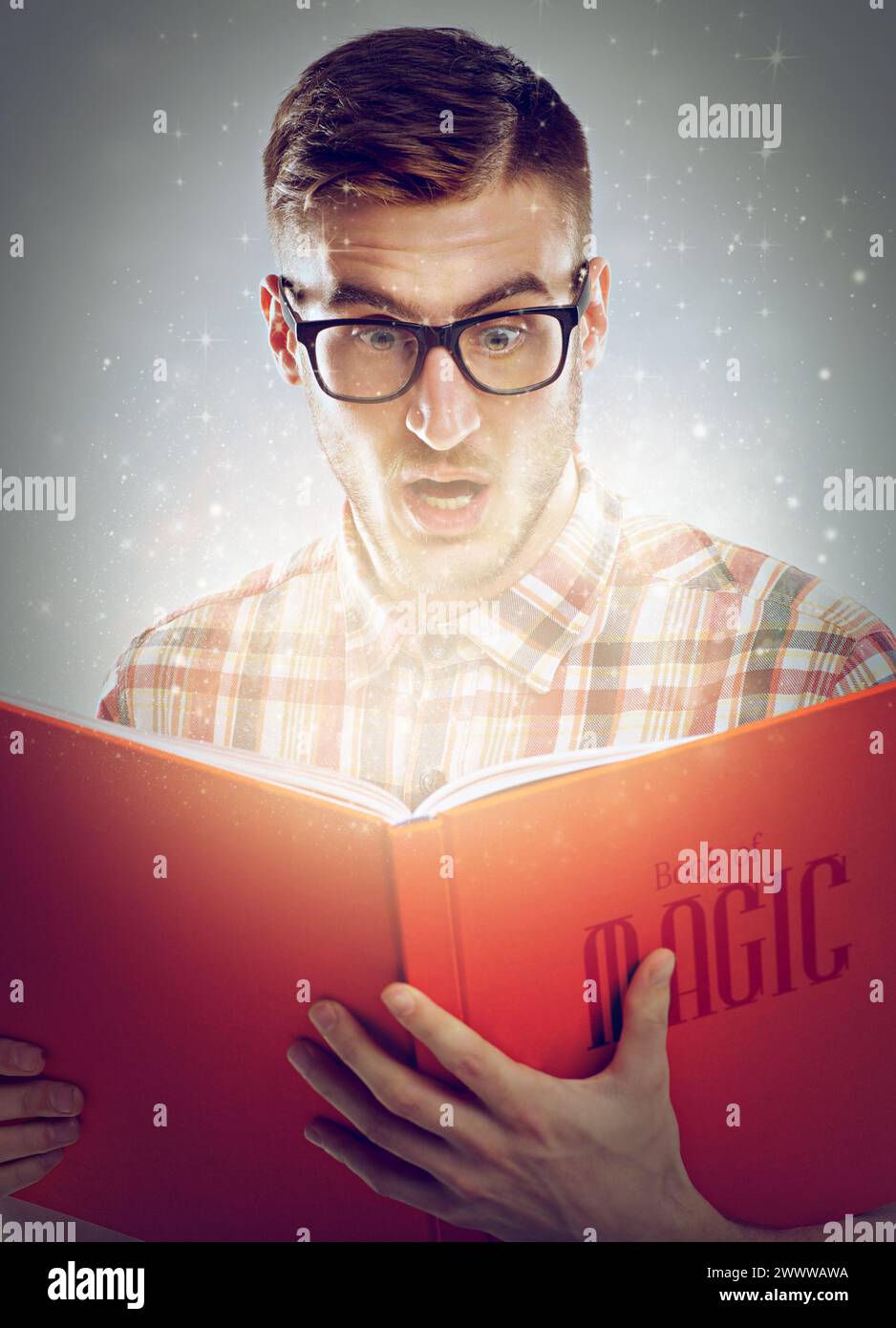 Surprise, glowing pages and man with a book, reading and expression on ...