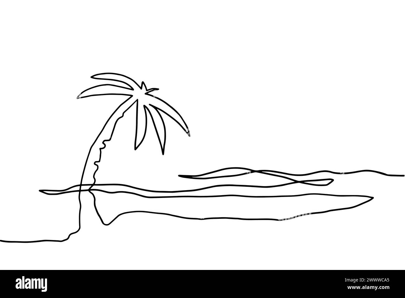 Continuous line sea coast with palm tree, single line sketch, isolated on white background. One ...
