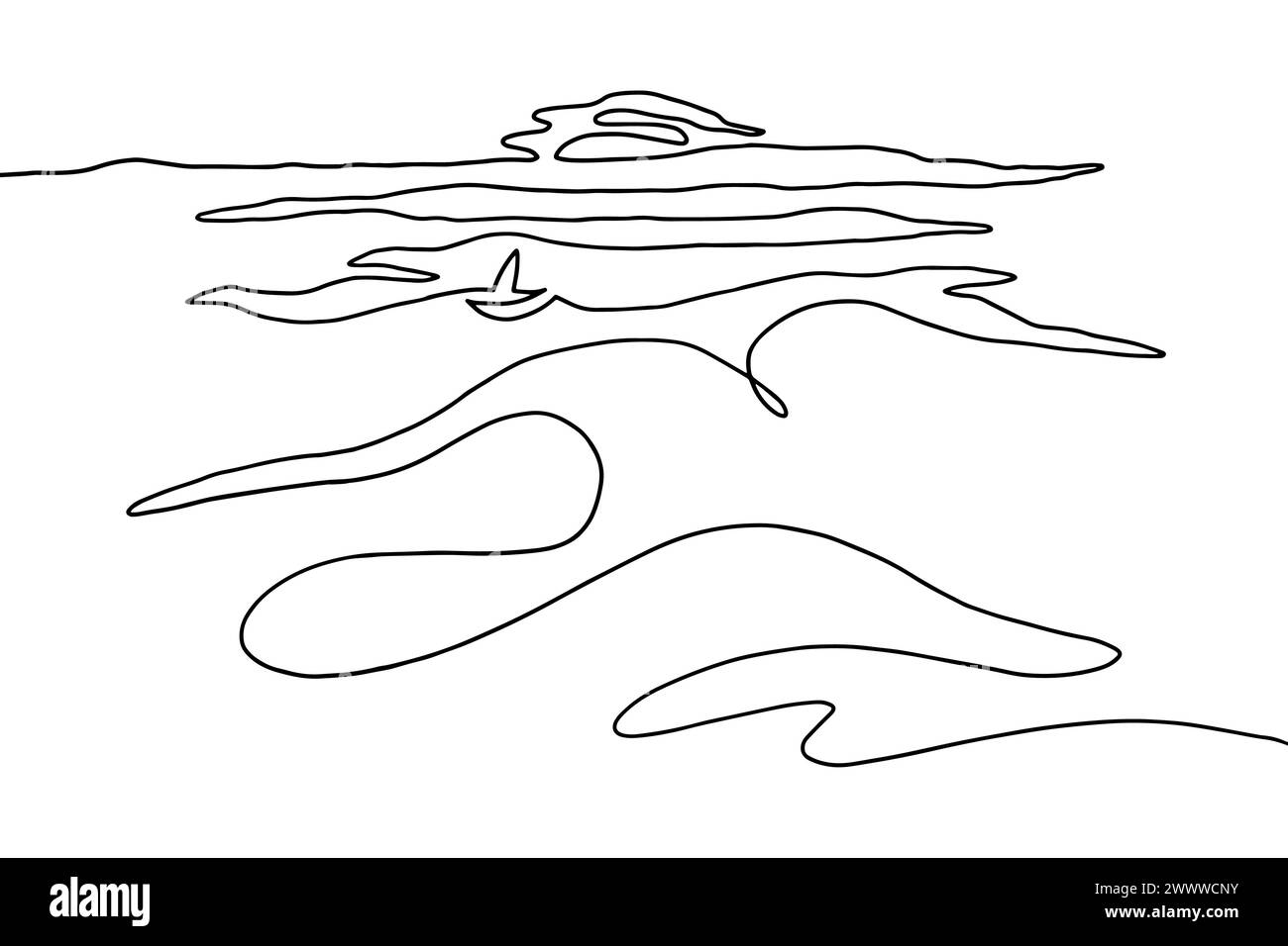 Continuous line art sea coast landscape, single line sketch, isolated ...
