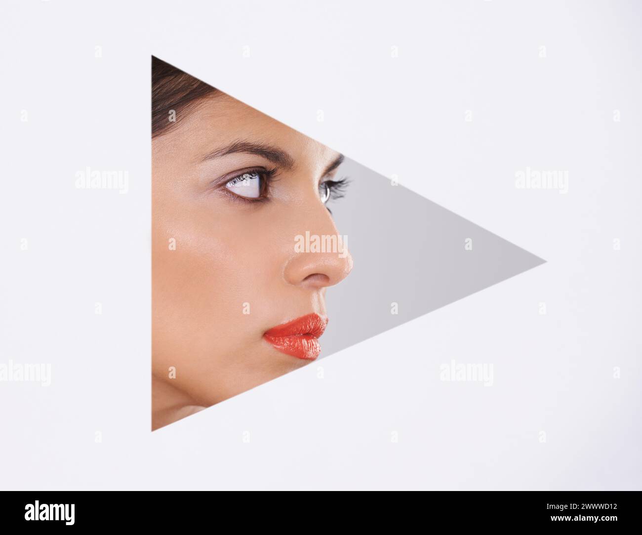 Woman, beauty and skincare in triangle for cosmetics, makeup and ...