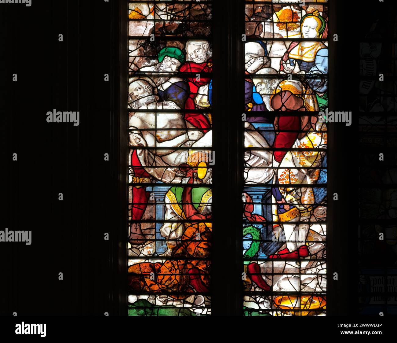 The dead Jesus Christ, after being taken down from his cross, is laid ...