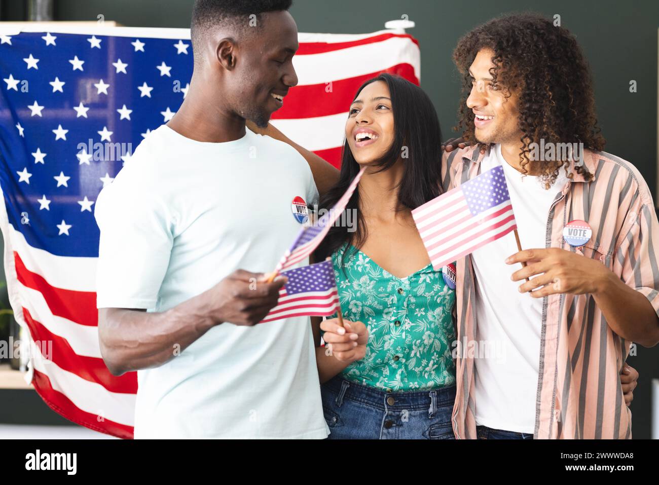 A diverse group of friends gathers, displaying patriotic pride Stock ...