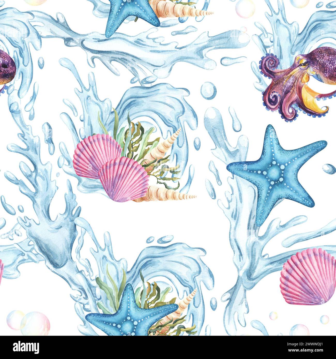 Watercolor seamless pattern with underwater life objects - seashells ...