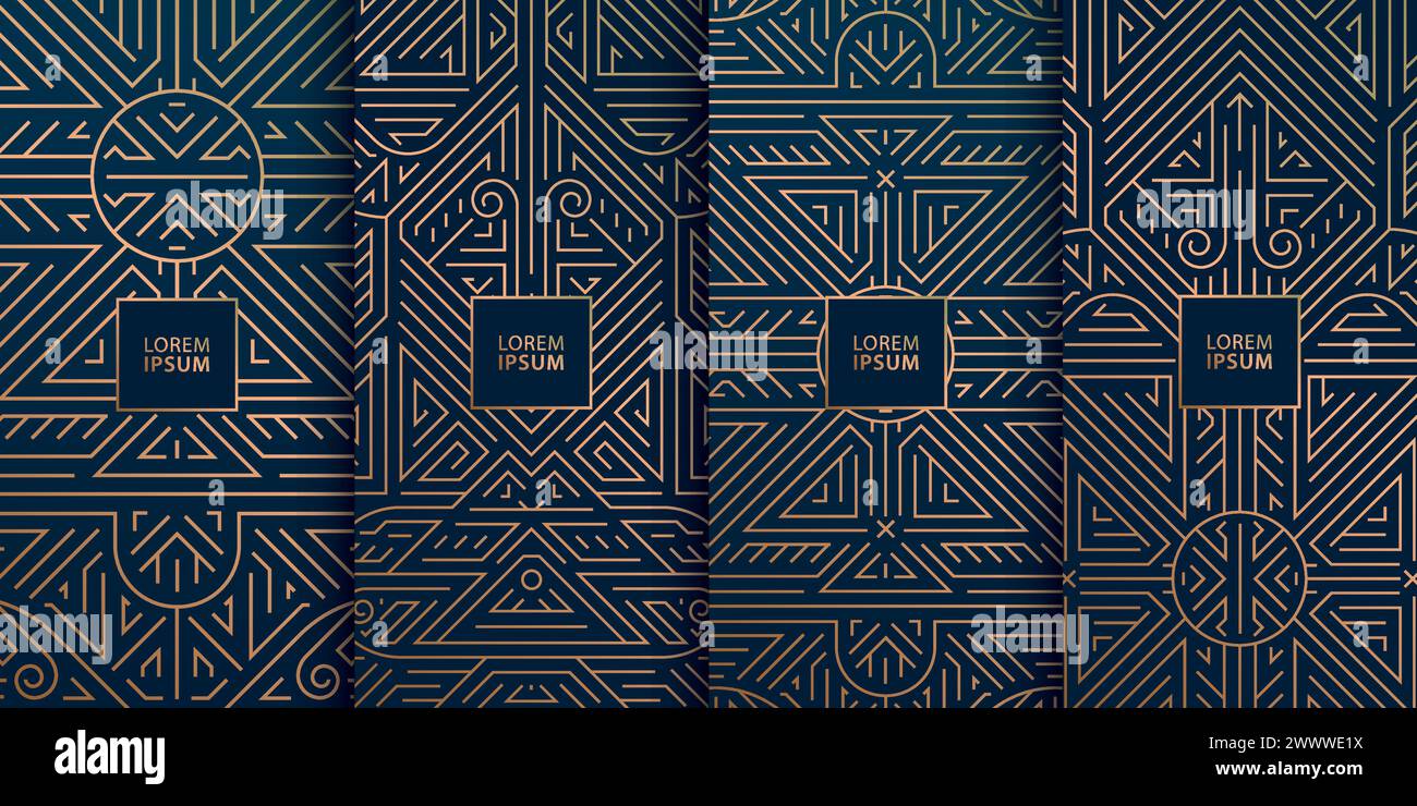 Vector set of fancy art deco line art, luxury package patterns, golden ...