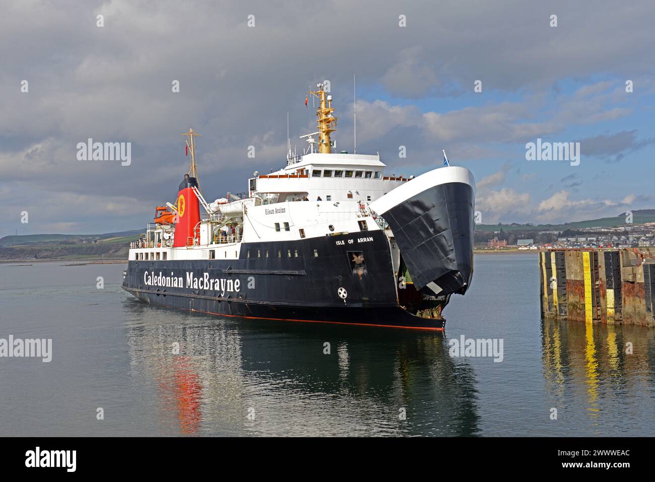 CALMAC ferry MV ISLE OF ARRAN arriving at ARDROSSAN HARBOUR from ...