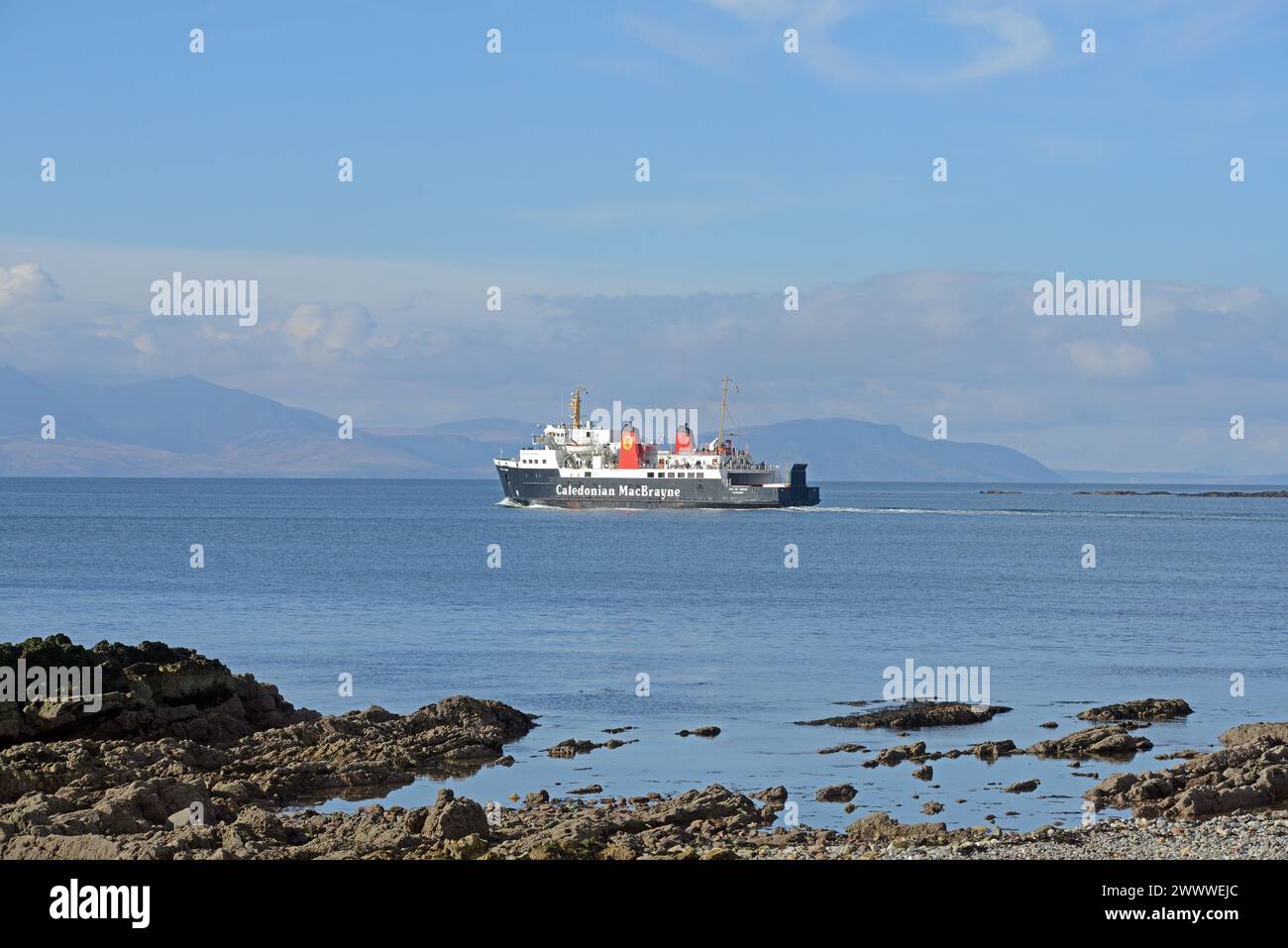 CALMAC ferry MV ISLE OF ARRAN departing from ARDROSSAN for the port of ...