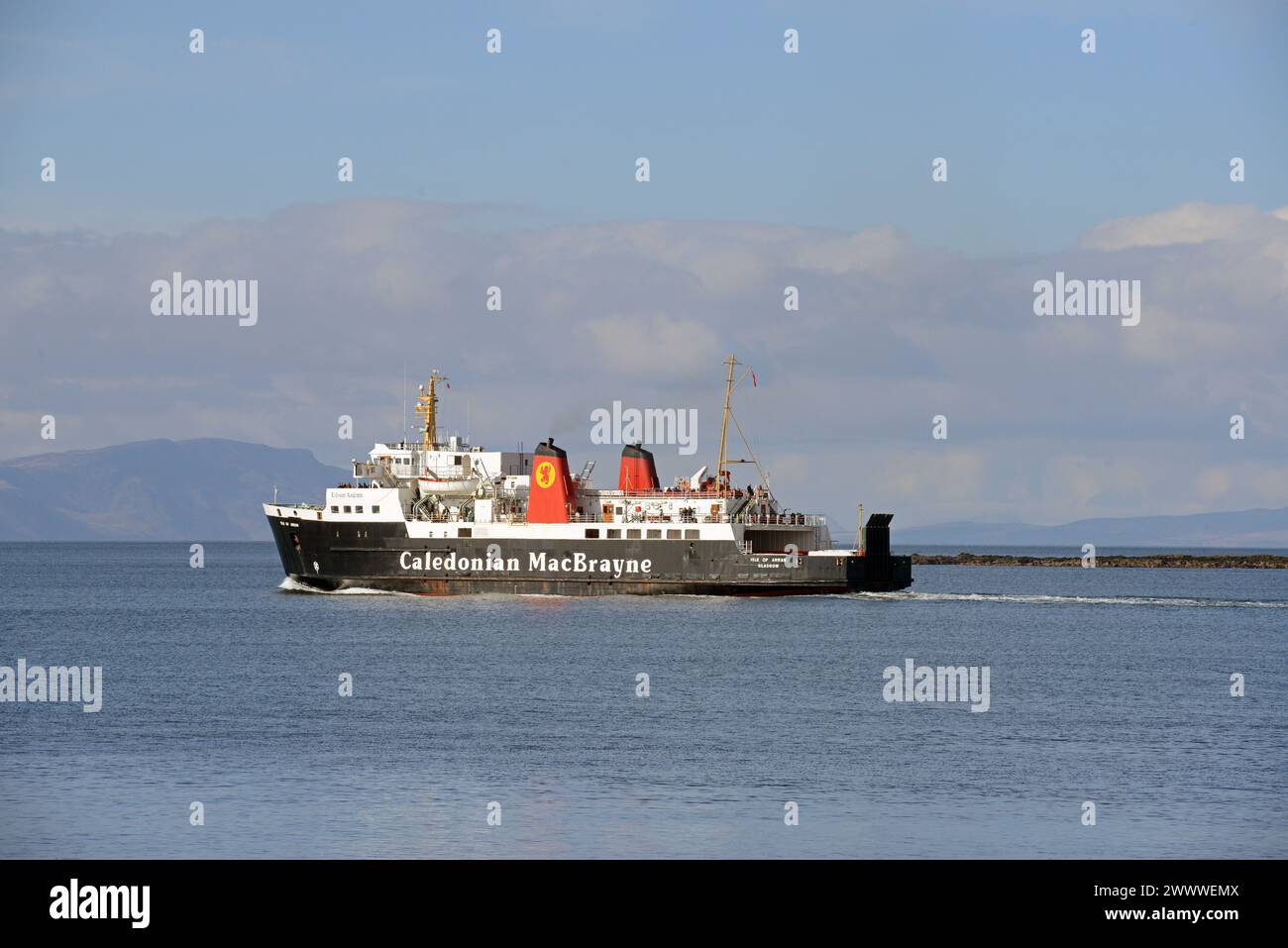 CALMAC ferry MV ISLE OF ARRAN departing from ARDROSSAN for the port of ...