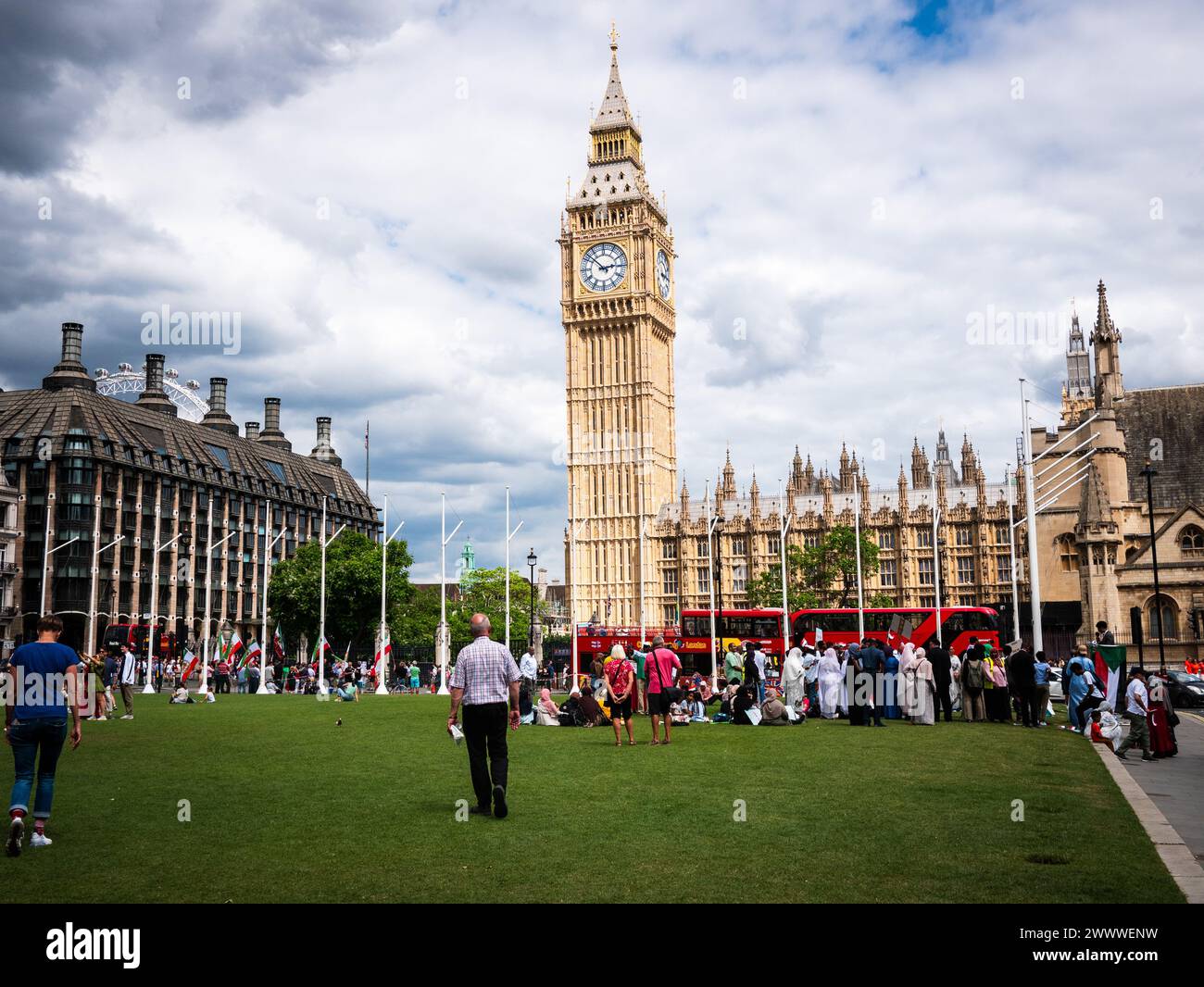 Westminster England 06 24 2023 Protesters gather at Big Ben, banners ...