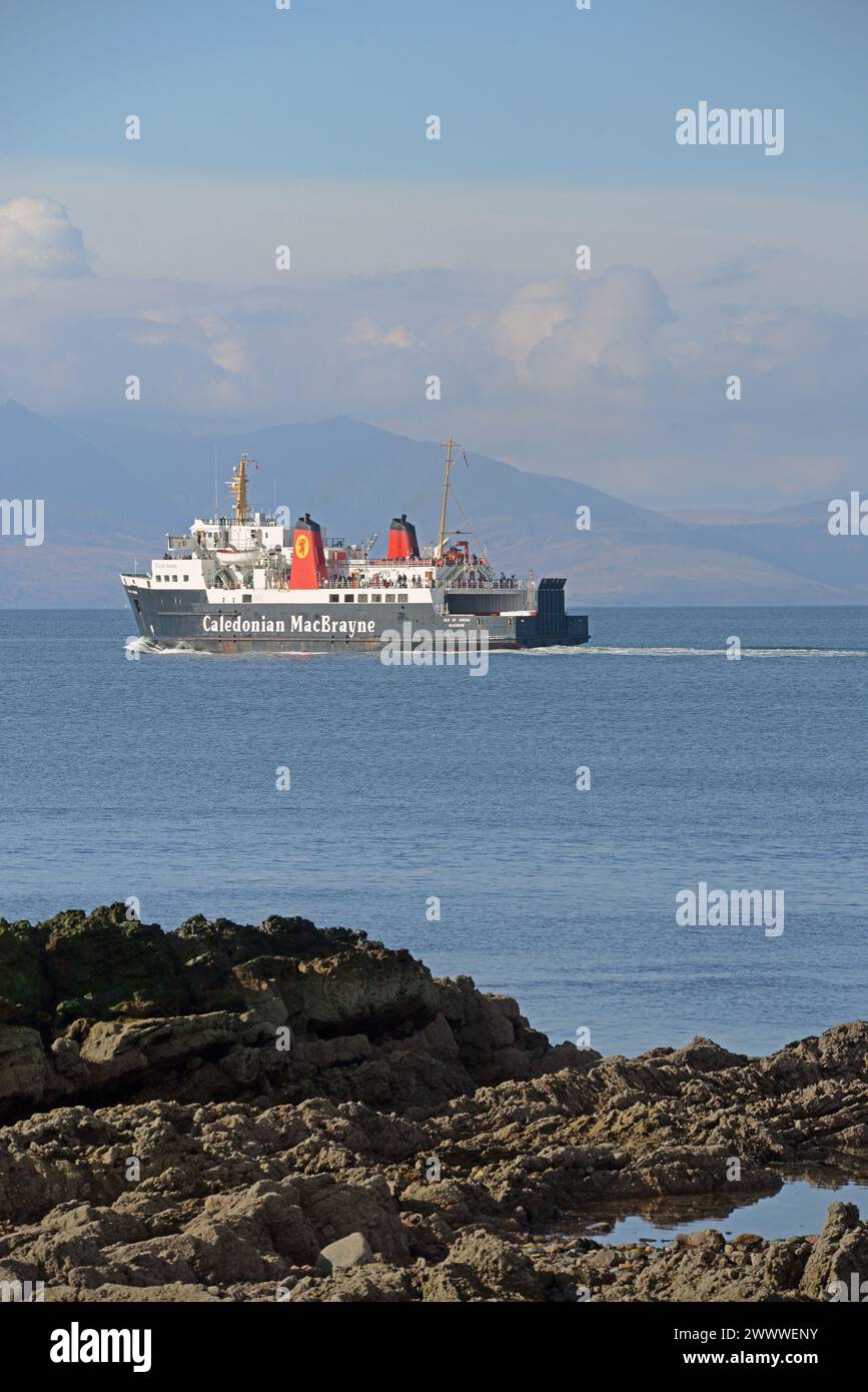 CALMAC ferry MV ISLE OF ARRAN departing from ARDROSSAN for the port of ...